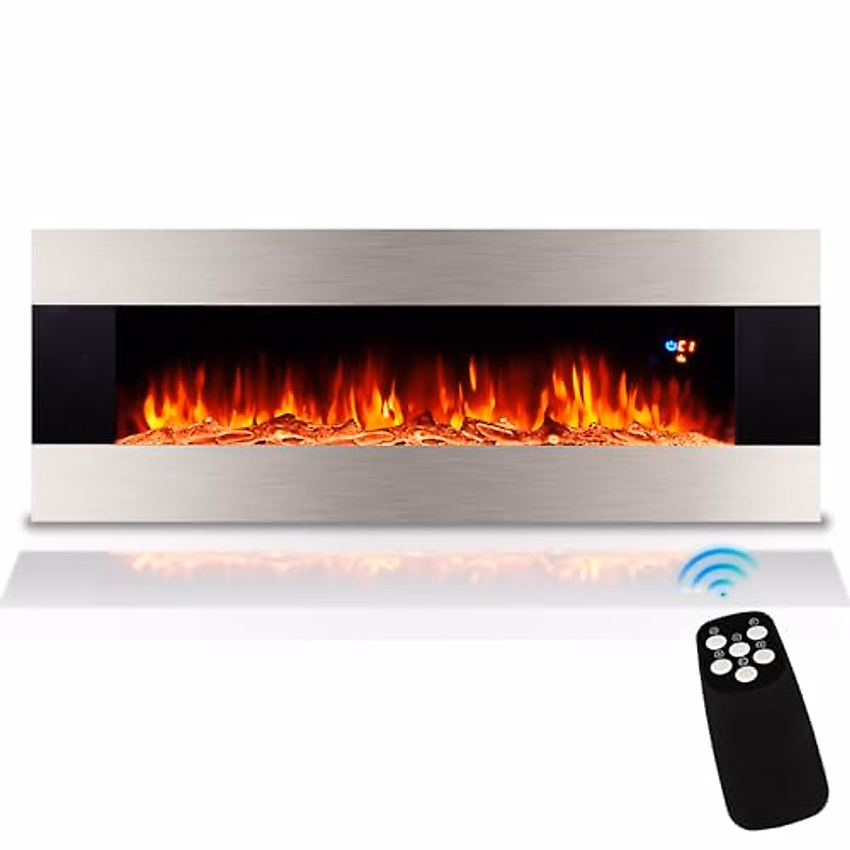 AMERLIFE 50" Wall Mount Electric Fireplace with Remote Control, Floating Fireplace Heater with Adjustable Flame Colors & Heater, Top-Vent, Low Noise, 750W/1500W, Stainless Steel Frame, Black