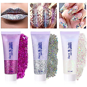 2 Pack Face and Body Glitter, Chunky Glitter for Nail and Hair Glitter Gel Festival Essentials Sparkling Holographic Highlighter Makeup. (01-Blue & 06-White Moonbeam)