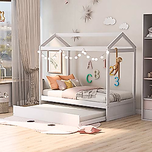 Harper & Bright Designs House Bed , Bed Frame Twin with Trundle and Roof, Toddler Daybed Twin, Children's Bed, No Box Spring Needed ,White