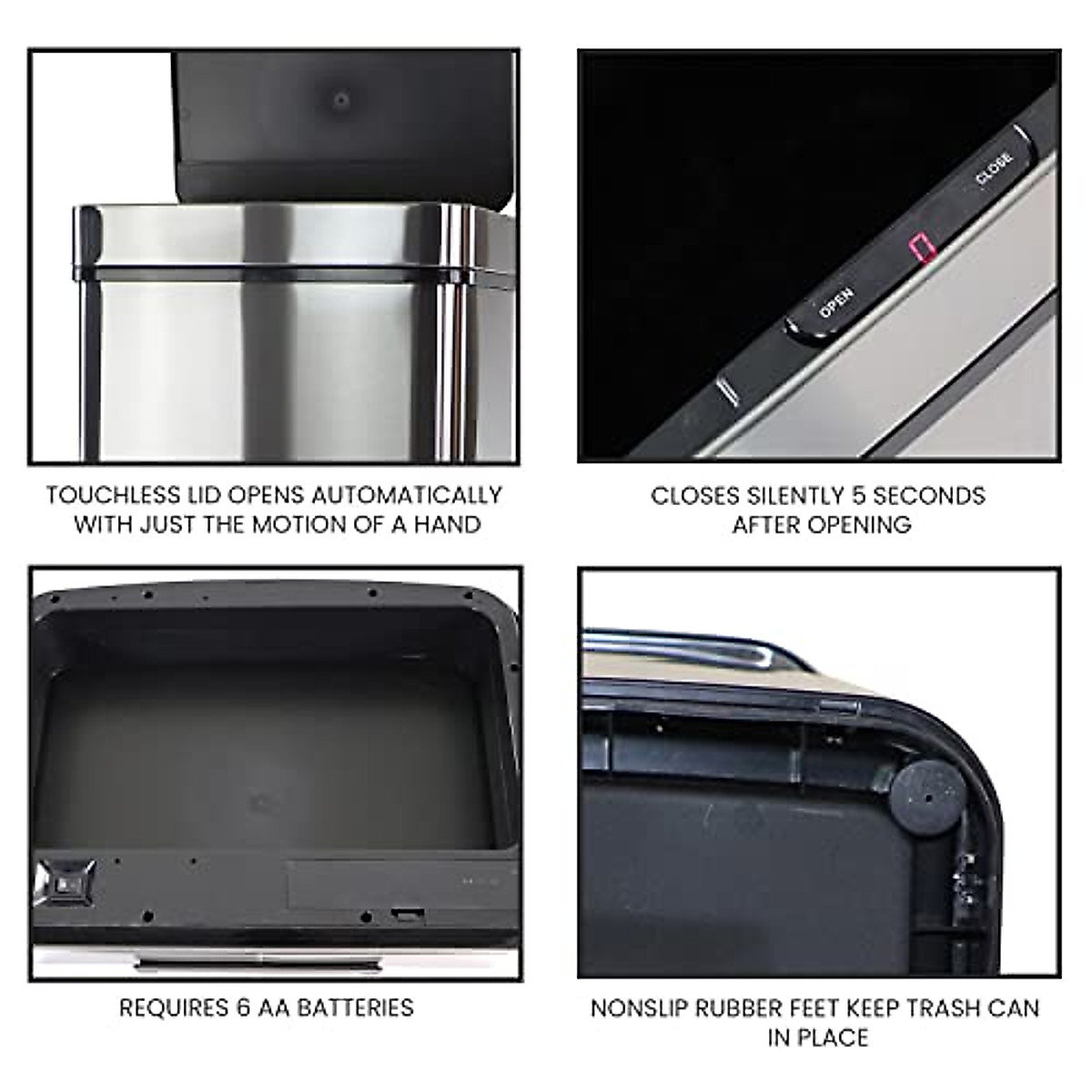 Hanover 50-Liter / 13.2-Gallon Stainless Steel 50 Liter / 13.2 Gallon Hands Free Trash Can Garbage Bin, Fingerprint Resistant, Soft Close, Sensor Lid