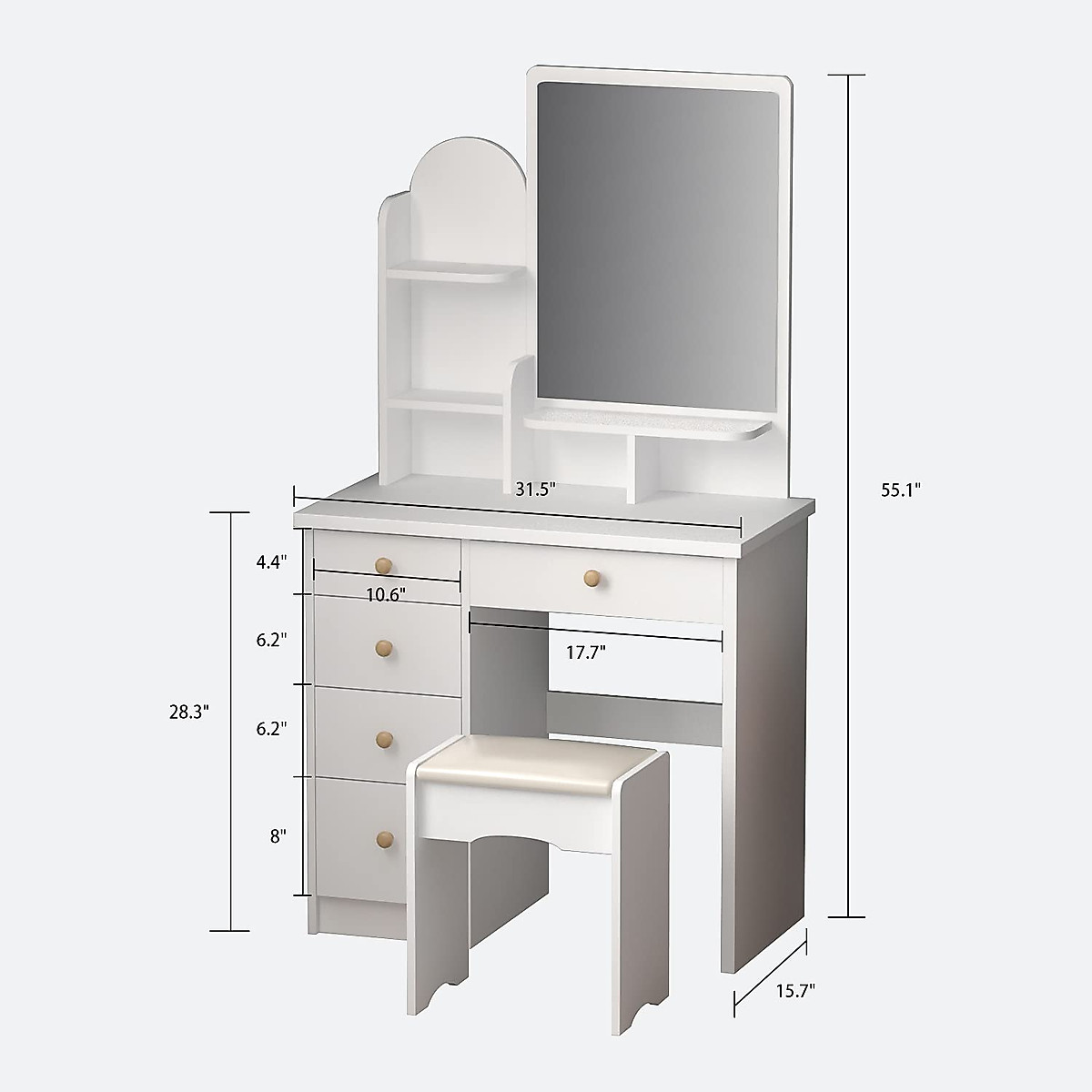 ECACAD Vanity Desk Set with Large Mirror, Makeup Vanity Dressing Table with 5 Drawers, Storage Shelves and Cushioned Stool for Bedroom, White