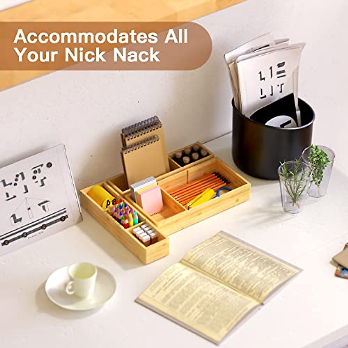 DUJEN Bamboo Drawer Organizer Box 12'' X 12'' X 2' Adjustable 3 Individual Storage Containers Organizer for Kitchen, Bathroom, Office Desk, Makeup,Vanity, Dresser, Pantry