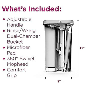 CleanZoom Flat Floor Mop and Bucket Set, Hands Free Home Floor Cleaning System, Stainless-Steel Handle, Washable & Reusable Microfiber Mop Pad, Wet and Dry Use, Wall Window Kitchen Cleaner