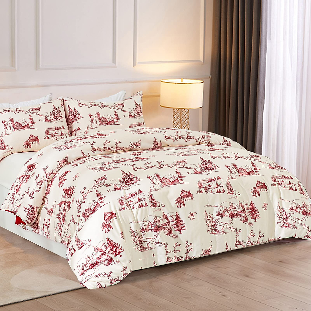 Yiran Red Christmas Duvet Cover Set with 2 Pillowcases,Cream Pink Christmas Deer Snowman Village Duvet Cover with Zipper Closure,Soft Microfiber Bedding Set Queen 90”×90”