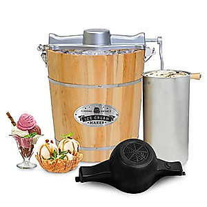 Elite Gourmet EIM402 Old Fashioned 4 Quart Vintage Wood Bucket Electric Ice Cream Maker Machine, *Bonus Classic Die-Cast Hand Crank for Churning, Uses Ice & Rock Salt Churns Ice Cream in Minutes, Pine