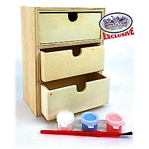 Matty's Toy Stop Design & Paint Your Own Wooden Jewelry Box Set with Mirror Jewelry Box, 3 Drawer Dresser, 4 Drawer Dresser, 3 Brushes & 9 Paints (3 Pink, 3 Blue & 3 White) Gift Set Bundle - 3 Pack