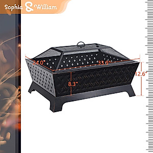 Sophia & William Outdoor Wood Burning Fire Pit Rectangle 33.9" Lx24.0 Wx12.6 H Heavy Duty,Large Patio Steel Bonfire BBQ Grill Firepit with Mesh Spark Lid and Fire Poker for Outside Backyark, Bronze