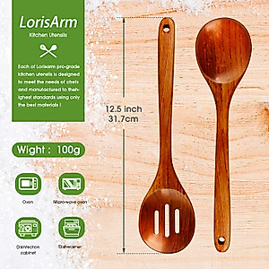 LorisArm 2PC Slotted Cooking Spoon Set, 12" Solid Wood Serving Spoons for Mixing Stirring, Nonstick Kitchen Utensils.