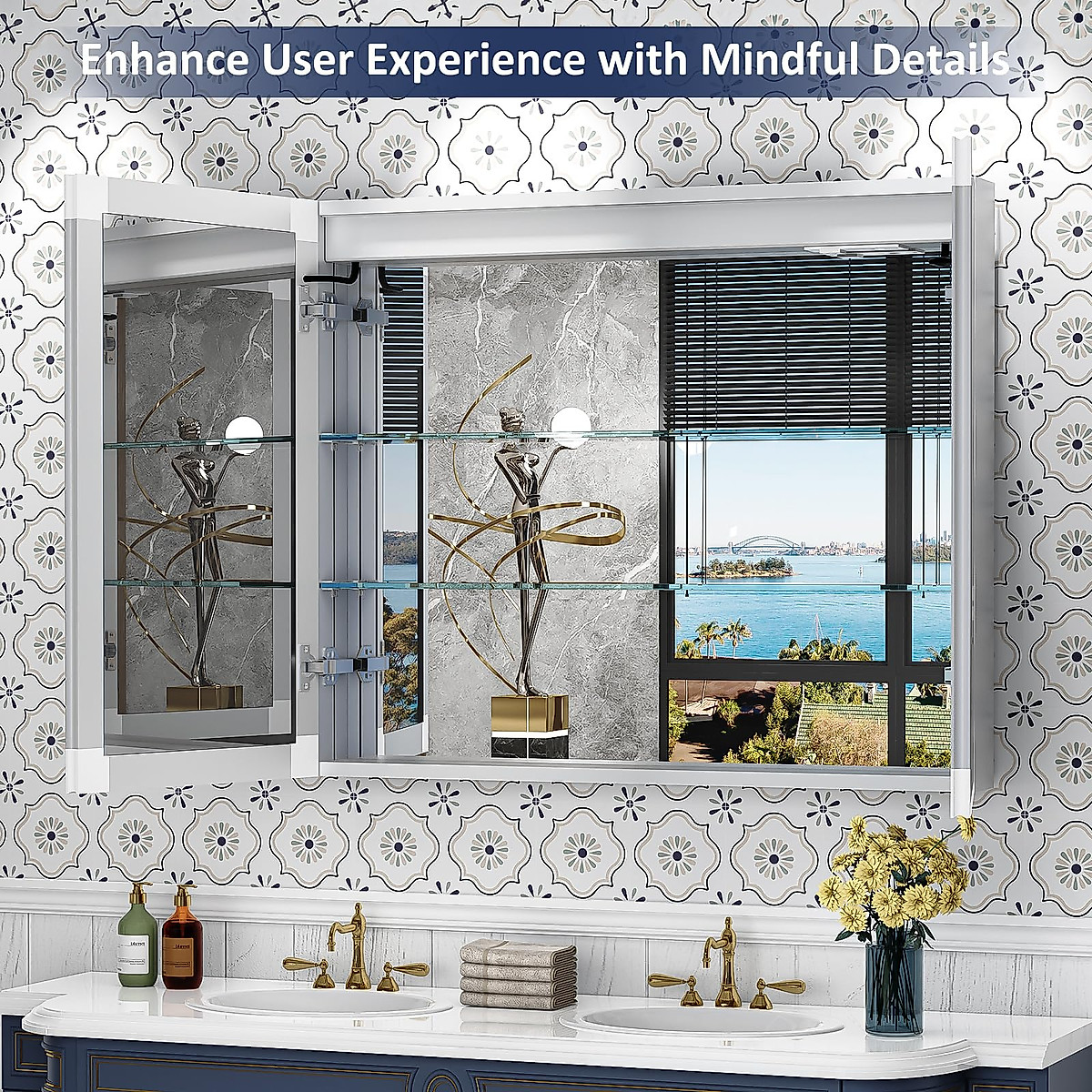 Lighted Medicine Cabinet with Mirror 36×30 Inch, Surface or Recessed Medicine Cabinet with Lights, Clock&Temp Display, Defogger, Dimming, LED Bathroom Medicine Cabinet with Built-in Outlet & USB Ports