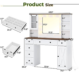DICTAC Makeup Vanity Desk with Mirror and Lights, Farmhouse Vanity Table with Charging Station, 43'' Bedroom Dressing Table with 6 Drawers & 2 Cabinets, 3 Color Lighting Modes, White