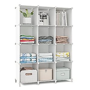 Wolizom Cube Storage Organizer, 12-Cube White Closet Storage Shelves, Modular Units, Closet Cabinet, Portable DIY Plastic Book Shelf Shelving for Bedroom, Office, Living Room