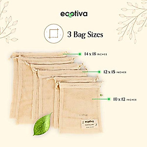 ecotiva Organic Reusable Produce Bags - Cotton Produce Bags - Cotton Mesh Produce Bags - Mesh Produce Bags Grocery Reusable - Mesh Bags For Produce