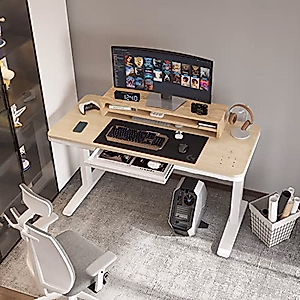 ERGOMORE Standing Desk with Drawer, 45 x 23 Inches Touch Control Adjustable Height Desk with Power Outlet, USB Ports & Wireless Charging, Dual Motor Sit Stand up Desk for Home & Office (Maple)