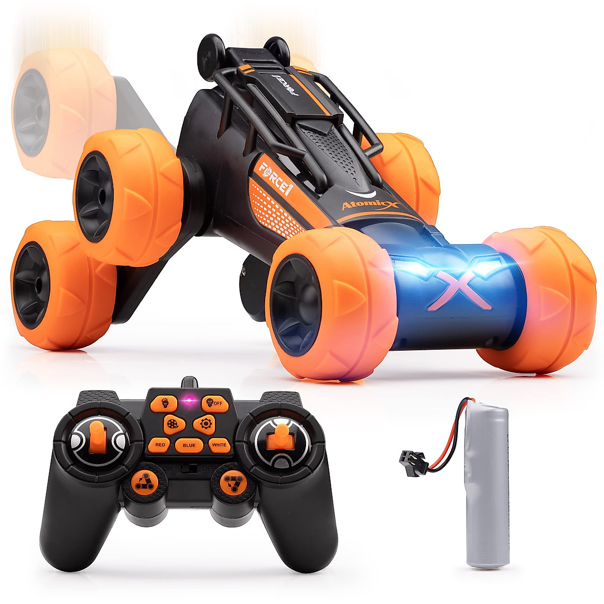 Force1 Atomic X Remote Control Car for Kids - 6 Wheeled RC Stunt Car Toy LED Double Sided 360 Flips Rotating RC Crawler Wheels, 2.4 GHZ Remote Control Indoor Outdoor Toy for Boys/Girls (Orange/Black)