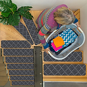 RIOLAND Stair Treads Carpet Non-Slip Indoor 15 PCS Wood Stair Treads Rugs Anti Moving Modern Stair Runners Safety for Kids Dogs, 8" X 30", Diamond Gray