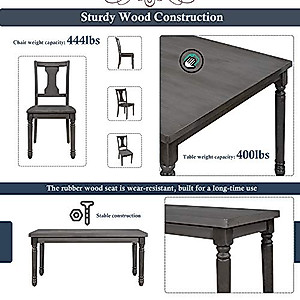 SweetFm Table & Chair Wooden Rectangular Dining Table, Farmhouse Rustic 6-Piece Kitchen Set with 4 Upholstered Chairs and 1 Bench,Gray, 60in, Grey