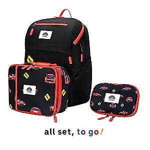 uninni Race Car Kids Backpack Set for Age 6+, fits for height 3'9" above kids with Lightweight Insulated Lunch Bag and Cute Pencil Case for Boys and Girls