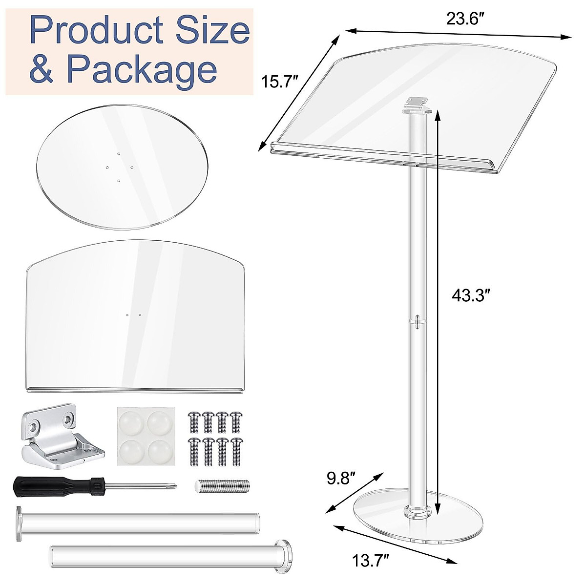 Barydat 23.6 x 15.7 x 43.3 Inch Pulpits for Churches Acrylic Podium Stand Angle Adjustable Clear Podium Portable Church Podium Modern Foldable Lectern for Weddings Classroom Church Concert Speech