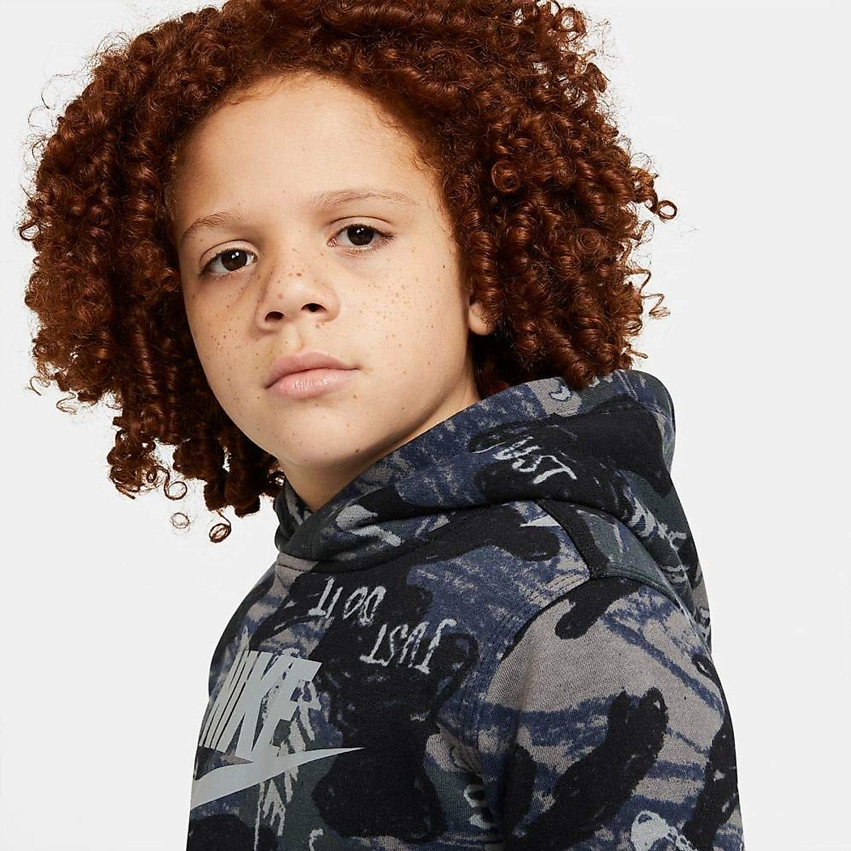 Nike Sportswear Youth Boys Junior Club Camo Hoodie Black/Light Smoke Gray CU8927 010 (Large)
