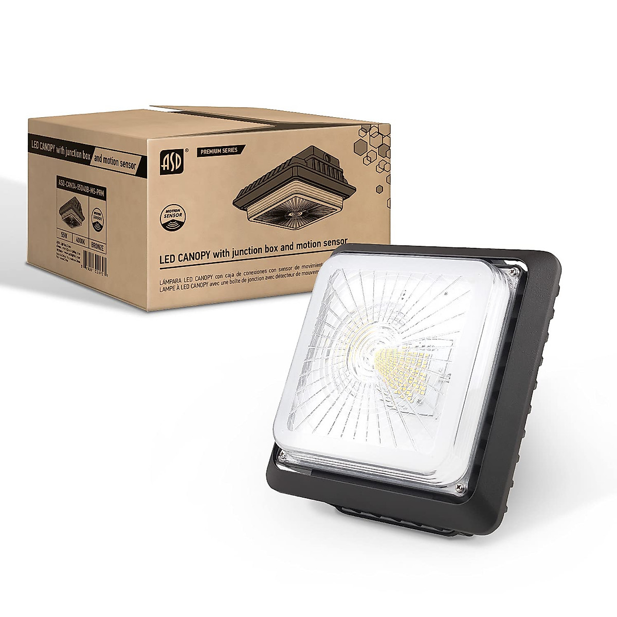 ASD Bronze LED Canopy Light with Motion Sensor 55W 7305Lm 4000K Dimmable IP65 Outdoor Ceiling Lights with J-Box - Carport Light Fixture - Gas Station and Garage Light - LED Parking Lot Light UL & DLC