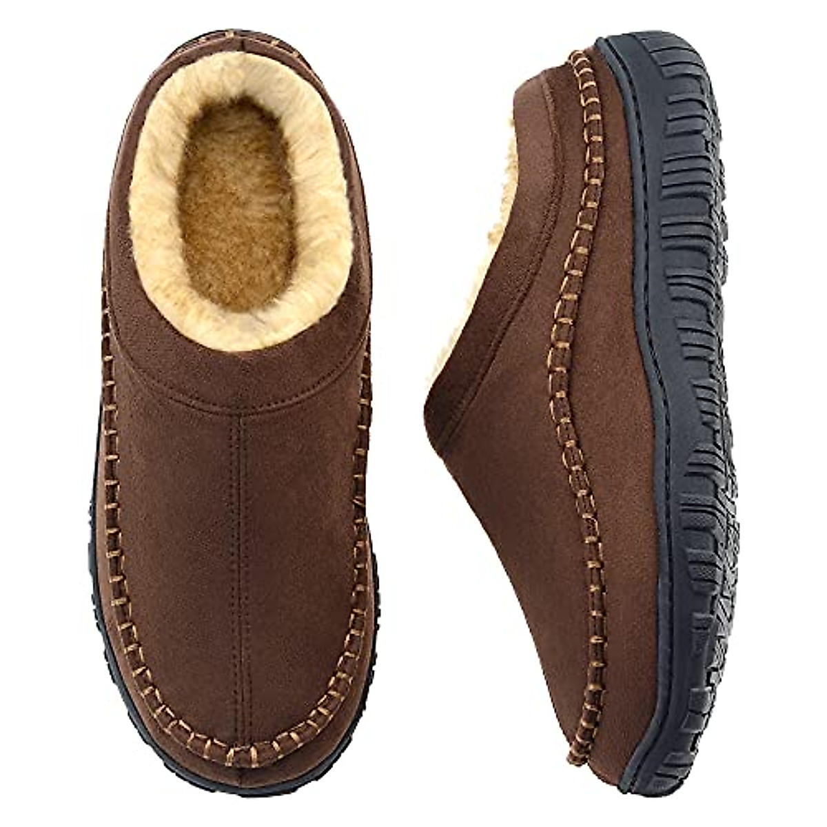 FLYFUPPY Men's Moccasin Slippers Fluffy Lining Microsuede Upper for Indoor/Outdoor Cozy Comfort Brown Size 12