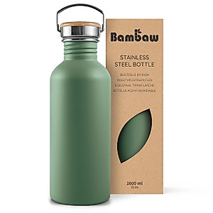 Bambaw Travel Water Bottle 32oz, Green Water Bottle No Straw, Non-insulated Single Wall Stainless Water Bottle, Hiking Water Bottle, 1 Liter Water Bottle with Handle – Sage Green