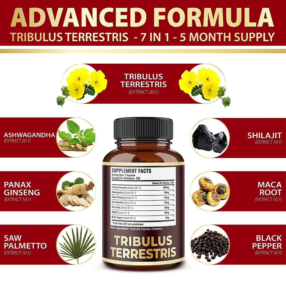 Tribulus Terrestris Supplement for Men & Women, 9050mg Per Capsule, 5-Month Supply with Ashwagandha, Panax Ginseng, Saw Palmetto, Maca, Shilajit