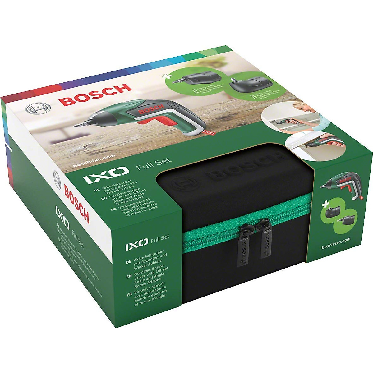 Bosch Home and Garden IXO Battery Screwdriver Set Angle and Eccentric Accessories, 10 Bits, USB Charger, Foam Case, 3.6 V, 1.5 Ah, Black, Green, Red