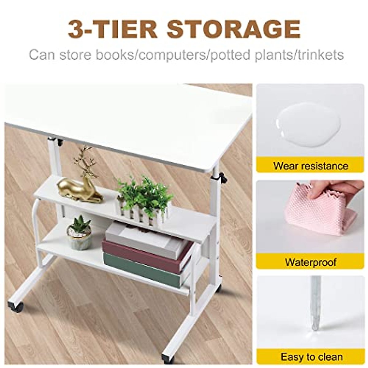 Adjustable Table Student Computer Desk Portable Home Office Furniture Small Spaces Desk Sofa Bedroom Bedside Desk Learn Play Game Desk on Wheels Movable with Storage Desk Size 31.5 * 15.7 Inch,White