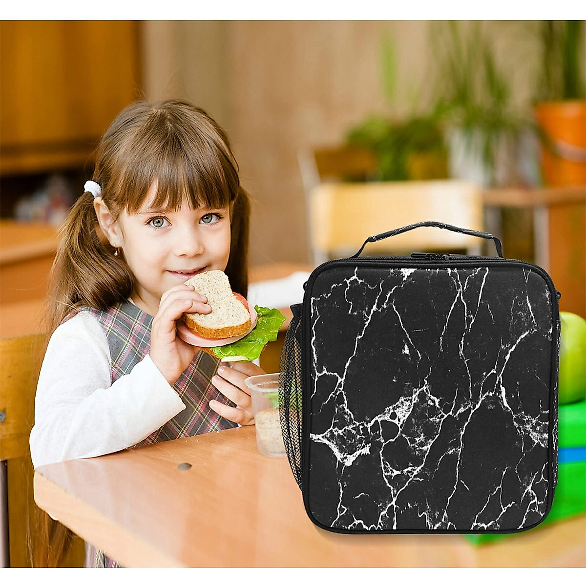HMZXZ Marble Texture White Black Print Lunch Bag Box for Women Teens Girls Cooler Insulated Lunch Bag Tote Freezable Shoulder Strap Waterproof Picnic Meal for School Office Work