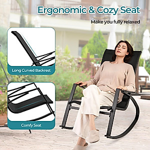 Tangkula Outdoor Rocking Chairs Set of 4, Patio Sling Fabric Rockers with Ergonomic Backrest & Seat, Safe Stoppers & Non-Slip Rubber Mats, Metal Frame Rockers for Backyard, Front Porch (Black)