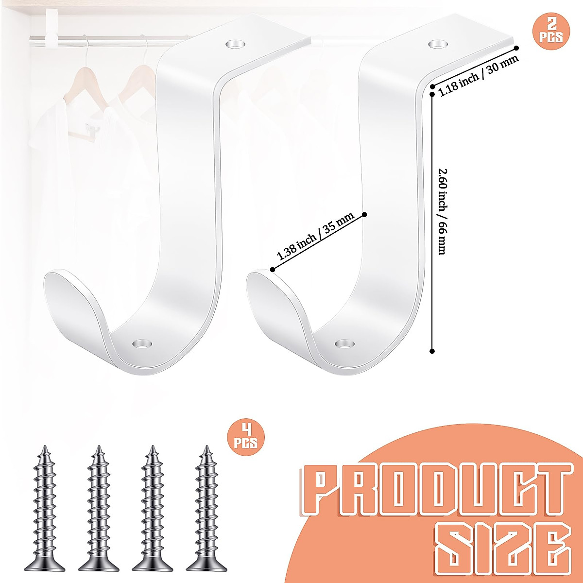 Hicarer 2 Pcs Closet Rod Brackets Heavy Duty Metal Wall Mount Rod Brackets with Screws Closet Rod Support Closet Shelf Rod Holder for Living Room Bedroom Office, White