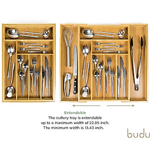 budu Silverware Drawer Organizer #19.7" Depth – Utensil Holder, Kitchen Drawer Organizers for Flatware, Cutlery – Perfect Utensil Organizer for Silverware & Other Kitchen Organization Tools & Storage