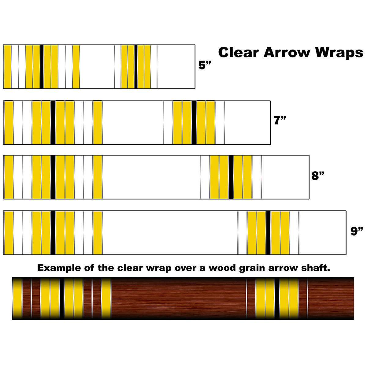 White Water Archery Non-Laminated Clear Transparent Yellow Crests Traditional 13 Arrow Wraps 15 Pc Pack Choose Length Width (8, 1.4)