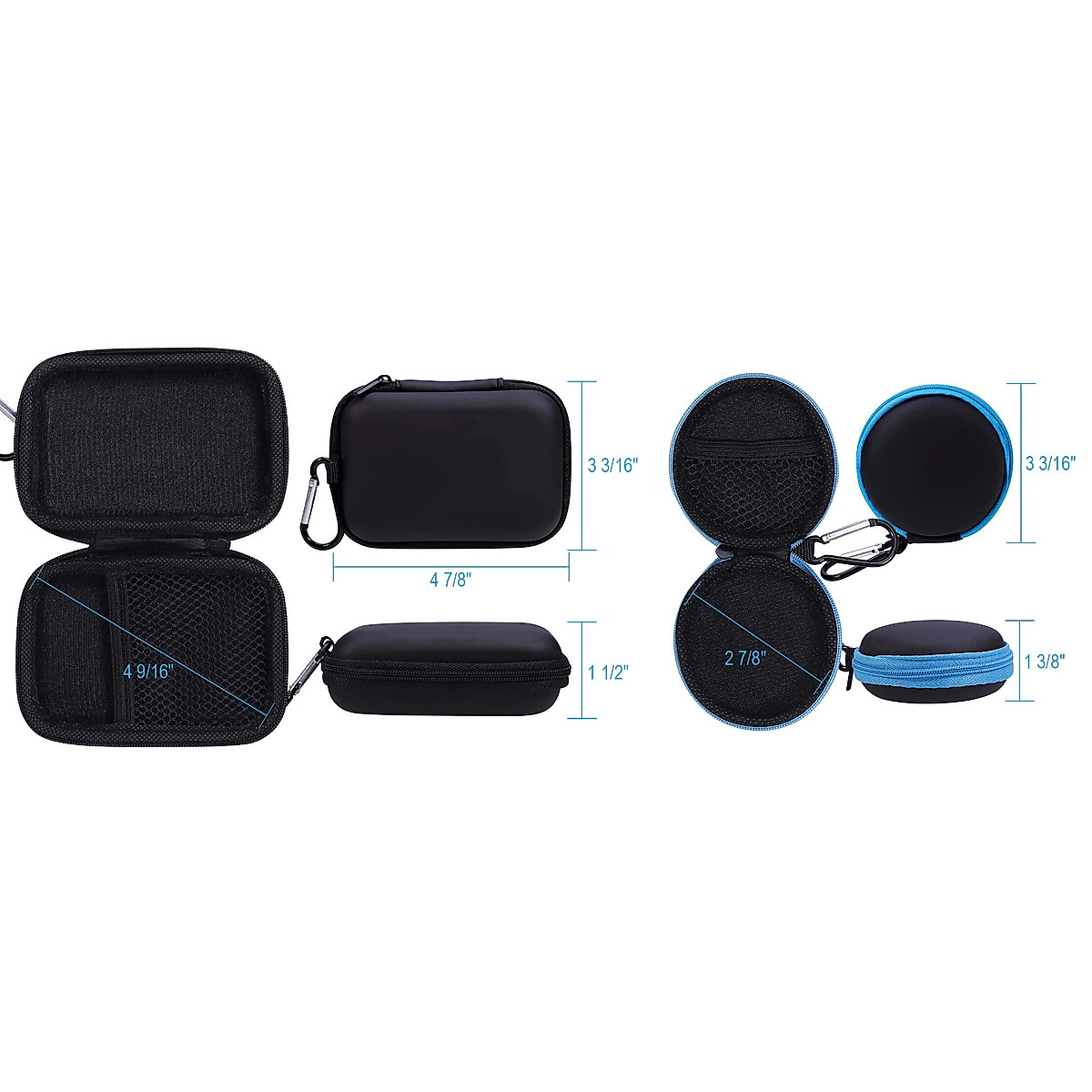 Cases for Earbuds,Aneuzs Earphone Carry Cases 5 Pack Headphone Storage Bag with Zipper and Carabiner for Smartphone Earphone USB Cable,SD Cards,Small Round Pocket & Square Little Travel Cases