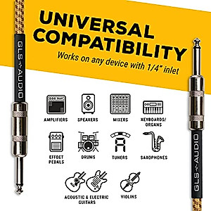 GLS Audio Instrument Cable - 1/4 Inch TS to 1/4 Inch Instrument Cable for Bass/Electric Guitar- Brown/Yellow Braided Tweed, 15ft