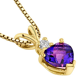 PEORA 14K Yellow Gold Amethyst with Diamond Pendant for Women, Genuine Gemstone Birthstone, Heart Shape Solitaire, 6mm, 0.75 Carat total