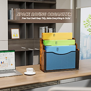 3-Tier Ladder File Organizer, Desk File Organizer with Retro MDF+ Black Metal Frame, Wall Paper Letter Tray Organizer, Wall File Storage Rack, Mesh Desktop Organizers and Accessories for Home Office