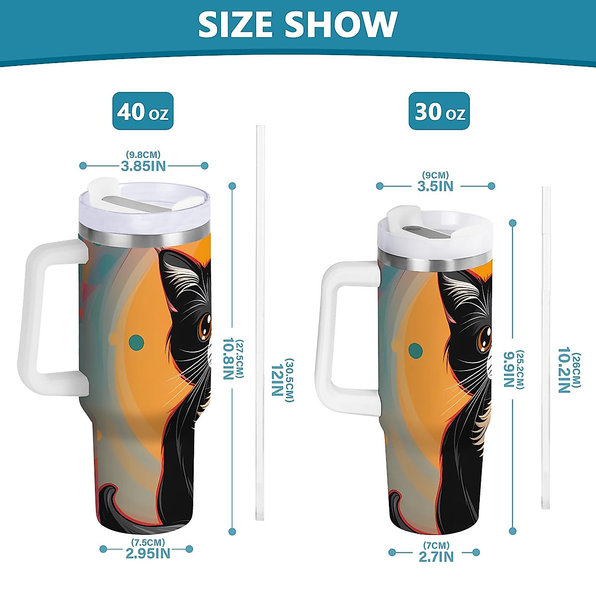 Cat Cartoon Tumbler with Handle and Straw 30-40 Lid Cup Holder Compatible for Travel Insulated Stainless Steel Cup Food Grade PP Gifts for Him Her BPA-free