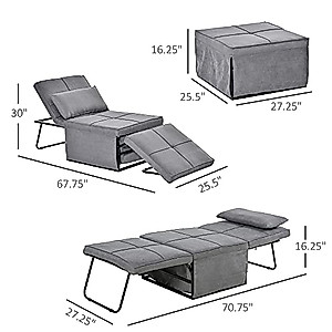 HOMCOM 4-in-1 Multi Function Folding Single Sofa Bed with Retractable Footrest, Convertible Sleeper with Adjustable Backrest for Living Room and Small Spaces, Grey