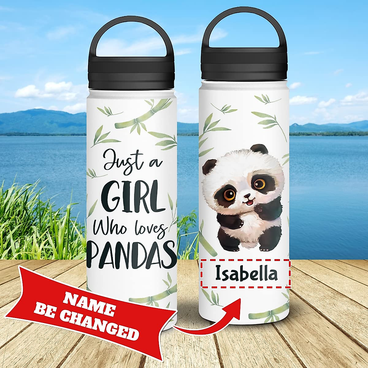 winorax Personalized Panda Water Bottle Just A Girl Who Loves Pandas Sport Bottles Insulated Stainless Steel 12oz 18oz 32oz Travel Cups Gifts for Panda Lovers Birthday Christmas Back To School