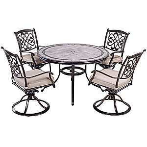 dali 5 Piece Patio Dining Set Outdoor Furniture, Deep Cushioned Aluminum Swivel Rocker Chair Set with 46 inch Round Mosaic Tile Top Aluminum Table