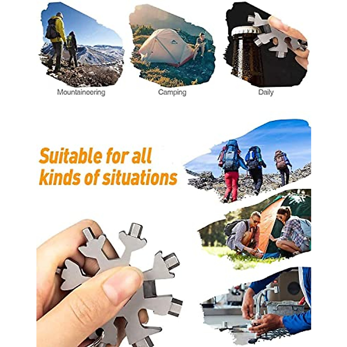 18-in-1 Snowflake Multi Tool, Stainless Steel Snowflake Bottle Opener/Flat Phillips Screwdriver Kit/Wrench, Durable and Portable to Take, Great Christmas gift(Standard, Stainless Steel). (Silver)