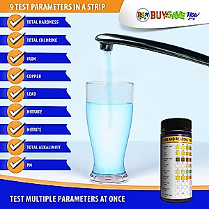 BNS 9 in 1 Drinking Water Test Strips. Accurate Tester Strip for pH, Chlorine, Nitrite, Nitrate, Lead, Total Hardness, and More. Home Test with Easy to Read Testing Results in Seconds.