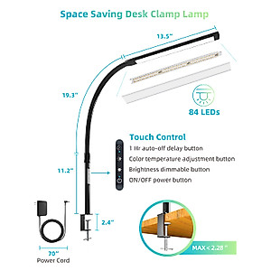 LED Desk Lamp with Clamp, 12W Gooseneck Task Light with 24V Adapter, 5 Brightness Levels & 5 CCT Adjustable Clip Table Lamp, Timer & Memory Functions, Eye-Caring Clamp-on Desk Lamps for Home Office