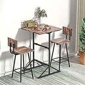 VECELO 3-Piece Bar Table Chairs, Square Counter Height Bistro Dinette Sets with 2 Barstools for Kitchen, Breakfast Nook, Small Spaces, Rustic Brown
