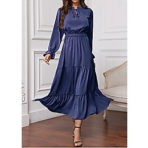 KIRUNDO Women's 2023 Fall Long Sleeve Tie Crew Neck Maxi Dress Casual Empire Waist Boho Ruffle Flowy Long Dresses(Navy, X-Large)