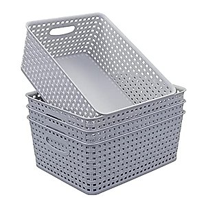 Doryh 4 Packs Plastic Weave Storage Basket Bin, Grey, 6.5 Quart
