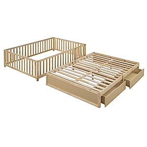 HomSof Full Size Wood Daybed with Fence Guardrails and 2 Drawers, Split into Independent Floor Bed & Daybed, Natural