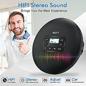 HOTT CD204 Portable CD Player, Personal Compact CD Player with Headphones, Anti-Skip/Shockproof for Home Travel and Car, Small Music CD Walkman with LCD Display for Adults Students Kids-Black